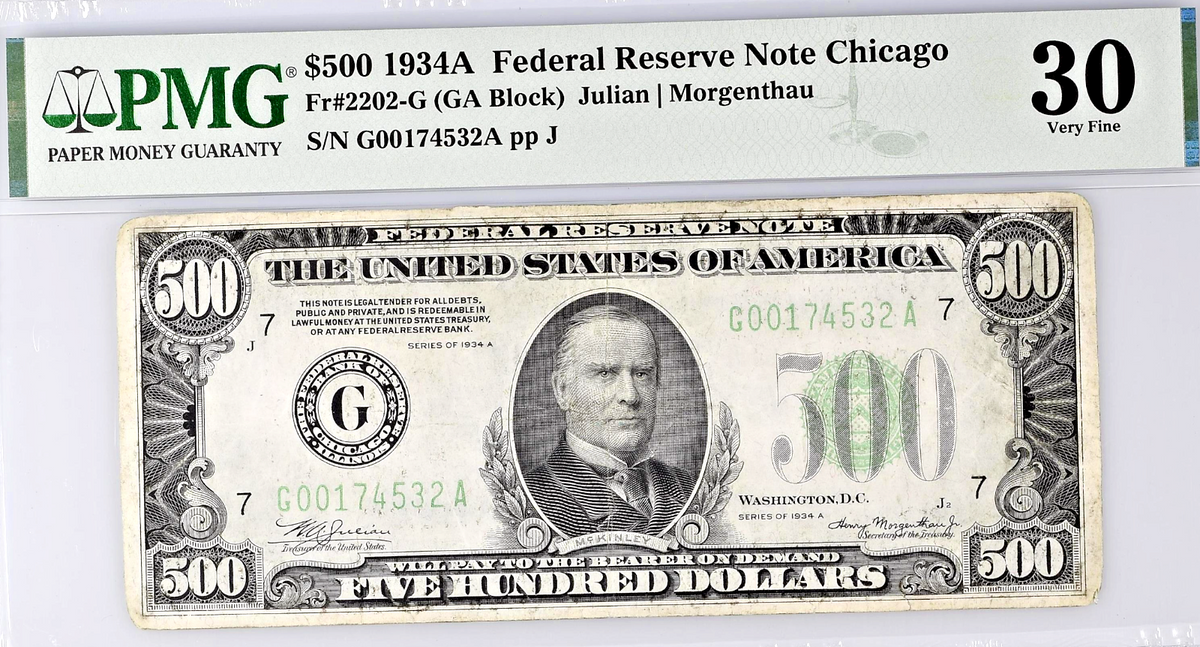 1934 $500 Bill Federal Reserve Note Chicago PMG VF30 Fr.2202-G Morgent – World Quality Coins