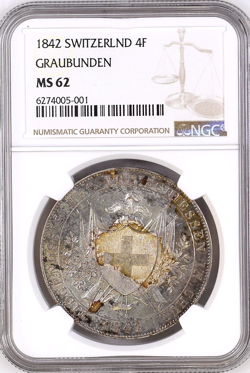 Rare Swiss 1842 Silver Shooting Thaler 4 Francs Graubunden Chur NGC MS ...