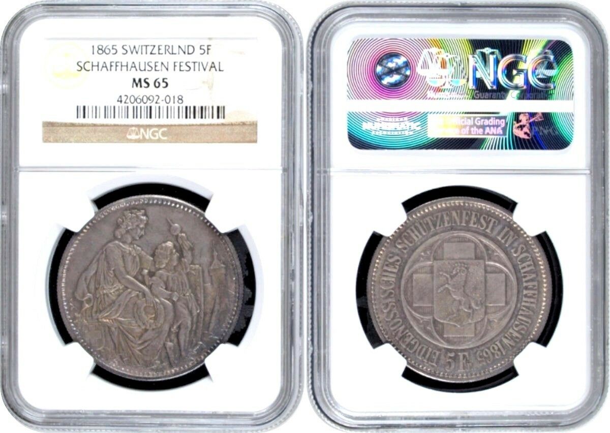 Swiss 1865 Shooting Taler 5 Francs Schaffhausen Helvetia R-1054b Medal ...