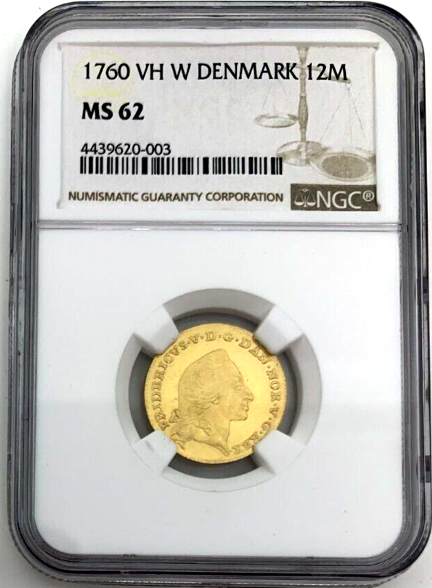 Denmark 1760 Gold 12 Mark King Frederik V Dei Gratia NGC MS62 Very Rar ...