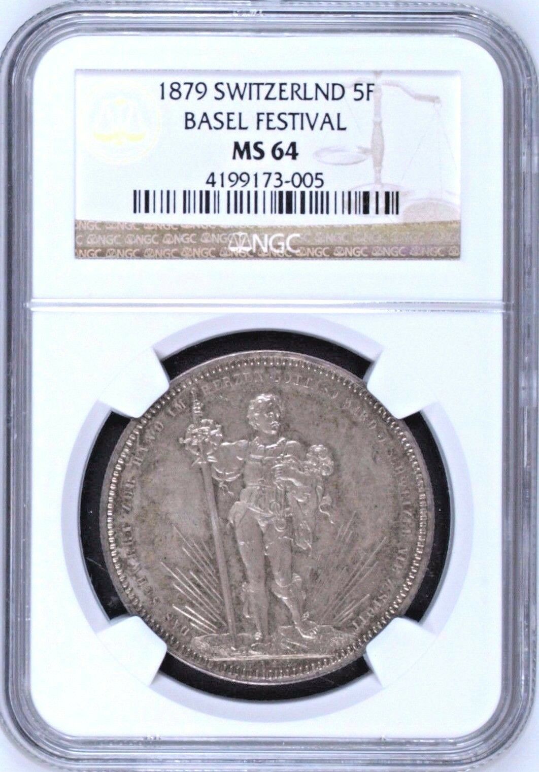 Swiss 1879 Silver Shooting Taler 5 Francs Medal Basel R-92b NGC MS64 S ...
