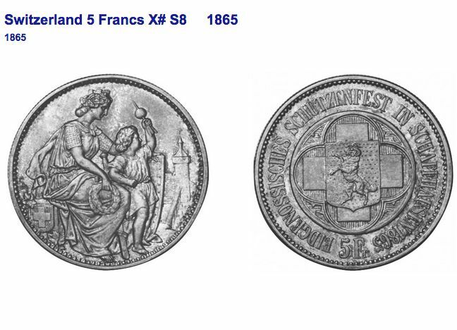 Swiss 1865 Shooting Taler 5 Francs Schaffhausen Helvetia R-1054b Medal ...