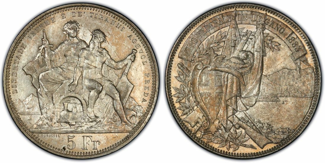 Swiss 1883 Shooting Taler 5 Francs Lugano Helvetia Neptune R-1373a PCG ...