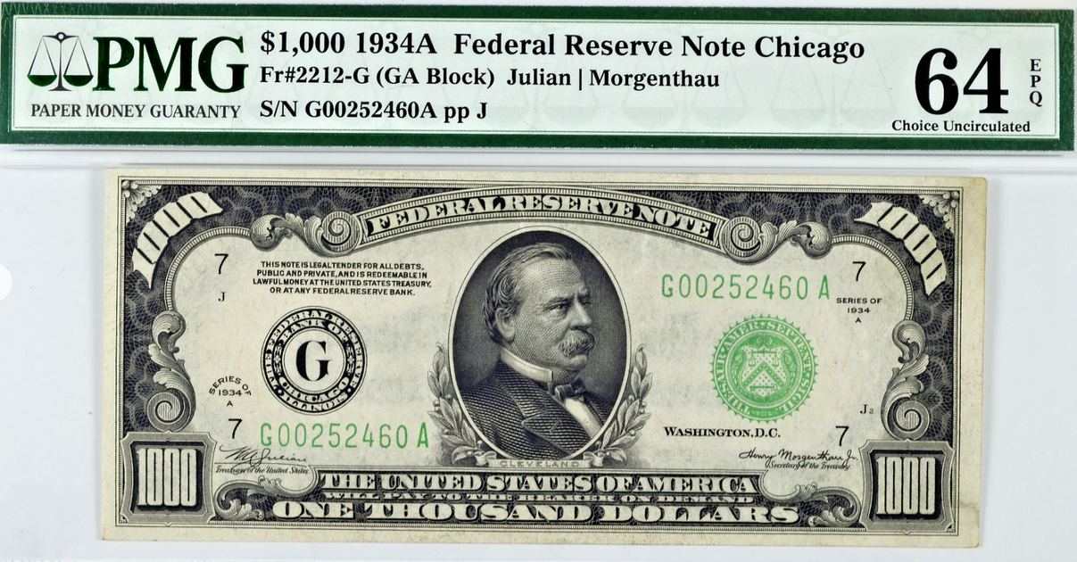 1934 $1000 Bill Federal Reserve Note Chicago Small Size PMG CU64 EPQ F ...